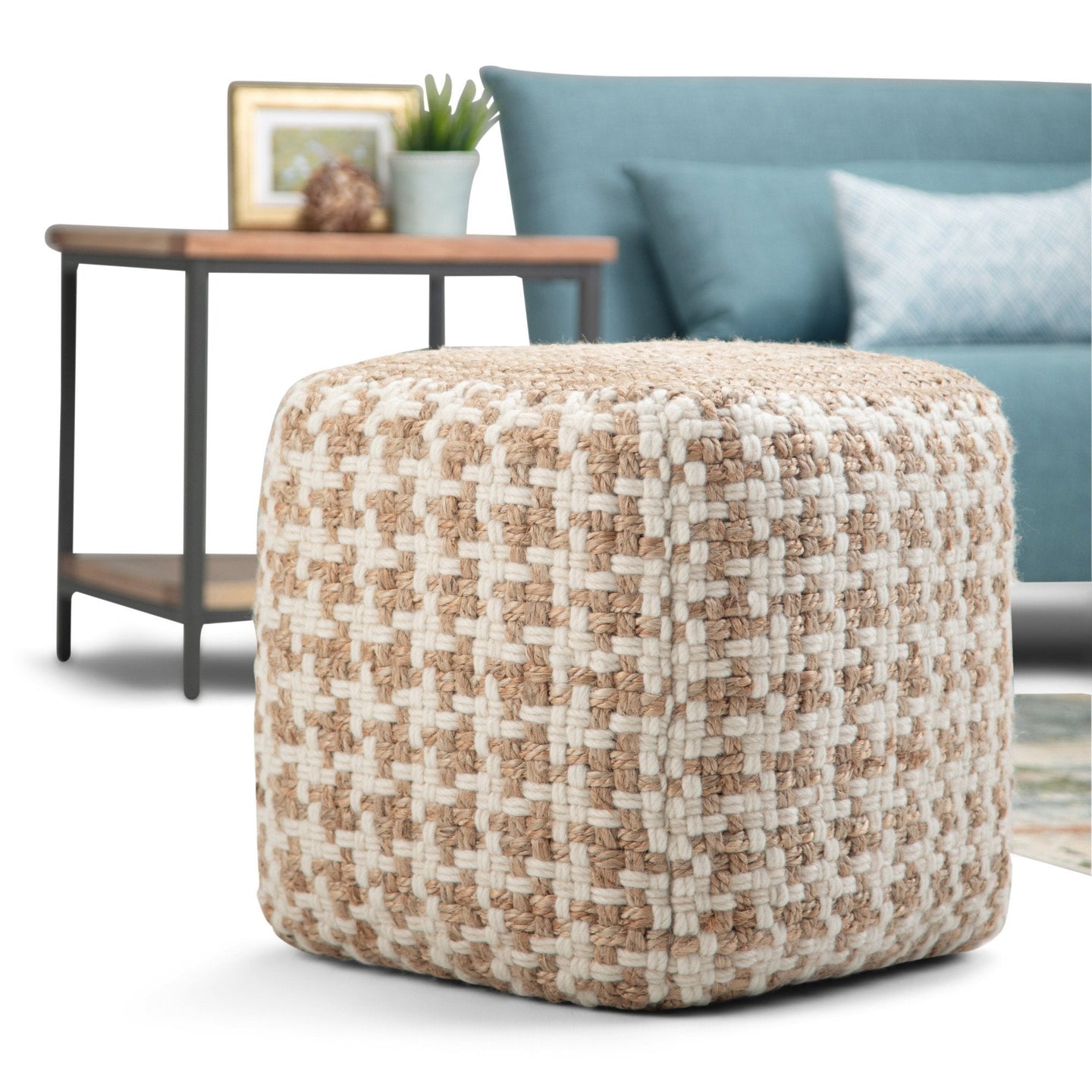 Jute Wool Pouf Ottoman | Cullen Cube Pouf – Simpli Home
