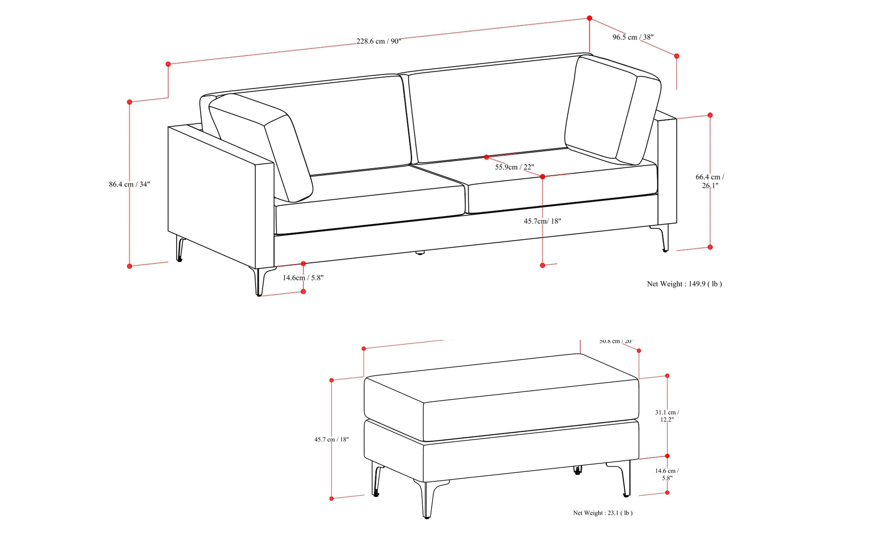 Ava 90 inch Mid Century Sofa with Ottoman Set – Simpli Home